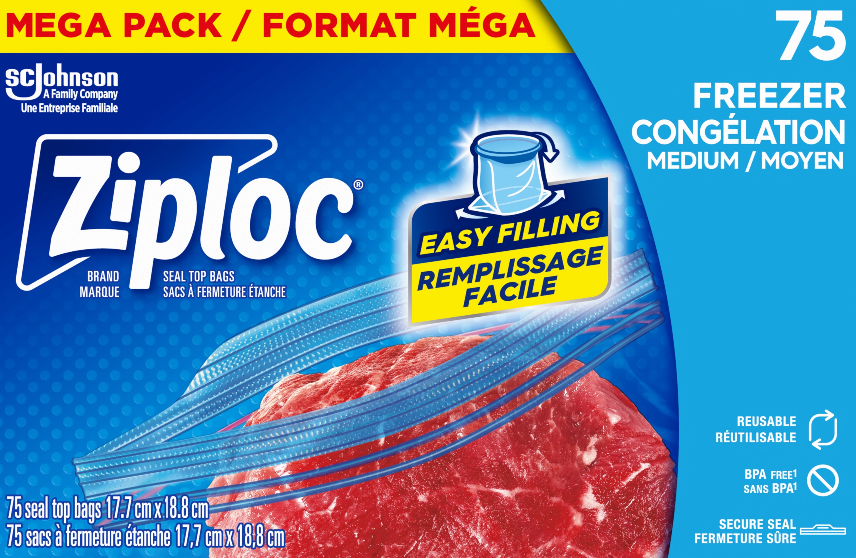 Ziploc Freezer Bags, Medium, 75 Count